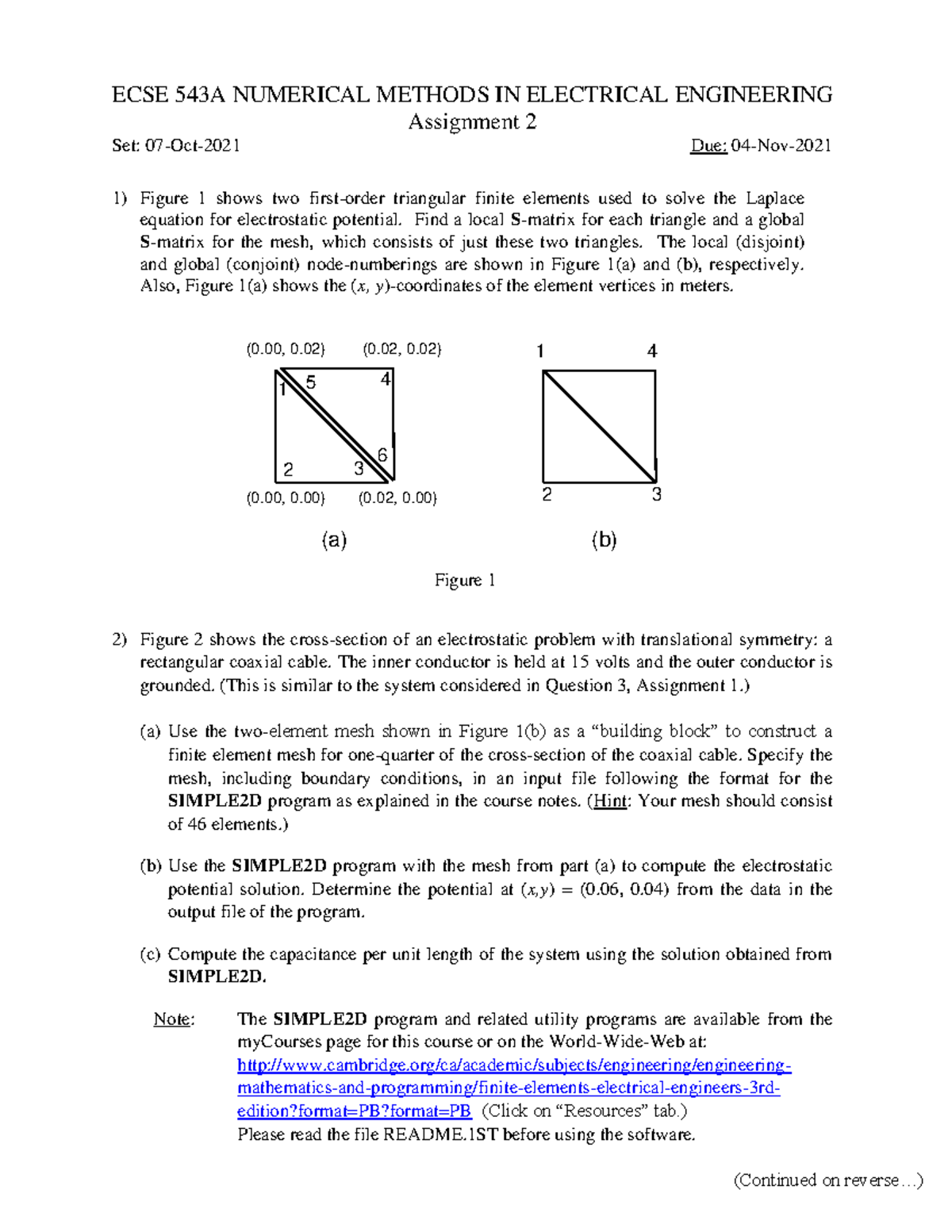 Assignment 2 ECSE 543 Numerical Methods in Electrical Engineering 2021A - Ecse 543 - Studocu