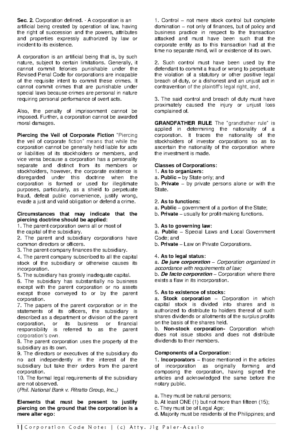 Corp Code Pre Final - Sec. 2. Corporation defined. - A corporation is ...