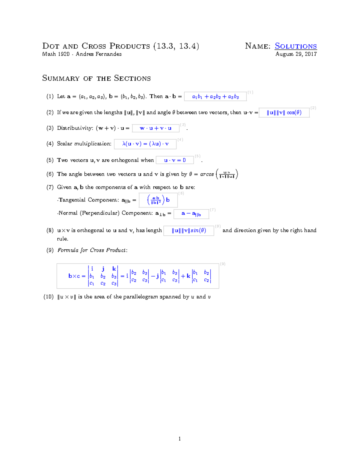 Vector Formulas Application Dot And Cross Products 13 13 Name Solutions Math 1920