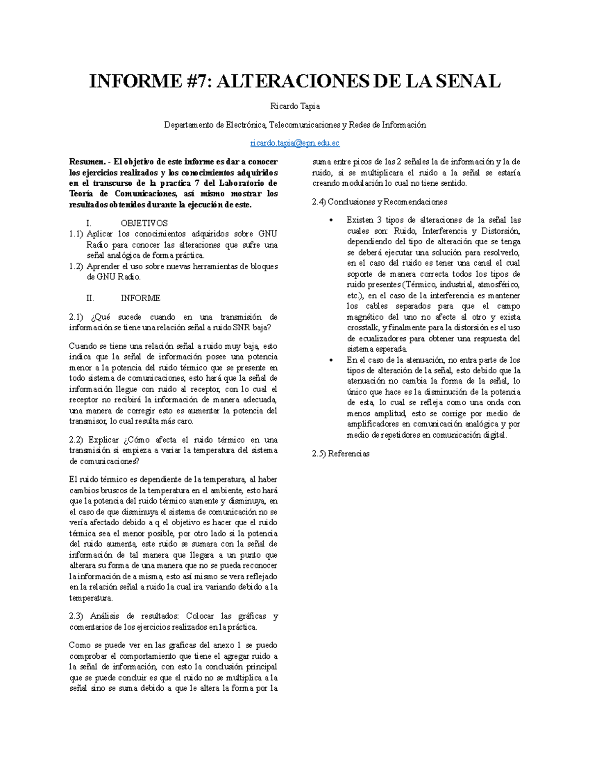 Informe 7 TC Fundamentos - INFORME #7: ALTERACIONES DE LA SENAL Ricardo ...