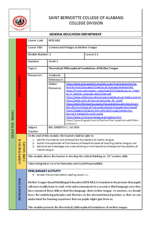 EL2 TTL2 Module 1 Lesson 3- K to 12 Curriculum Framework and Guidelines ...