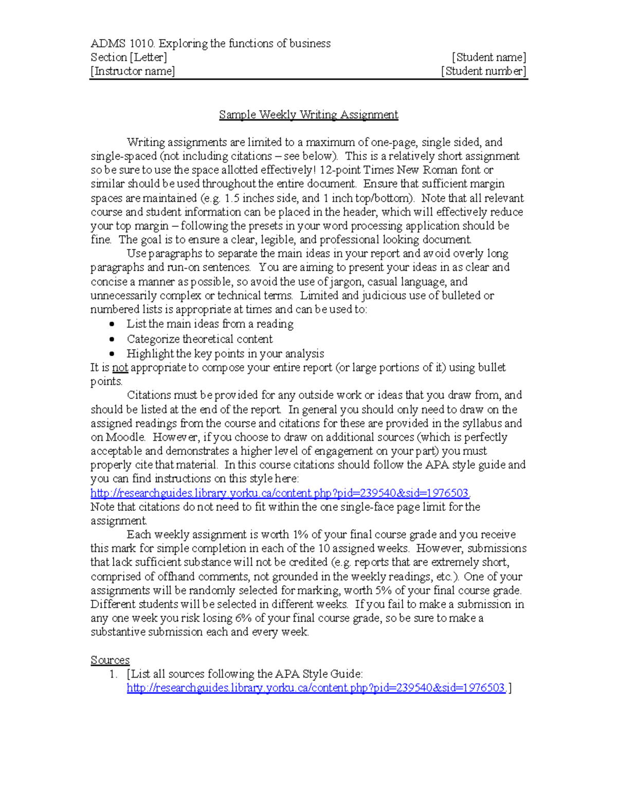 SU 2020 Writing assignment guide and marking rubric - ADMS 1010. Exploring the functions of ...
