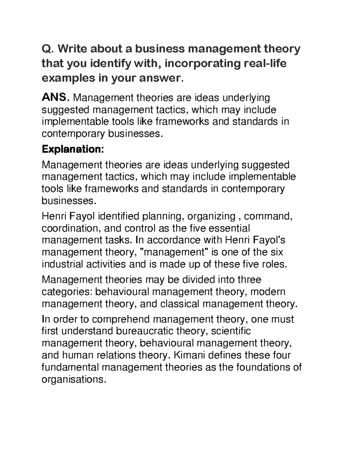 Management Theory - Q. Write about a business management theory that ...