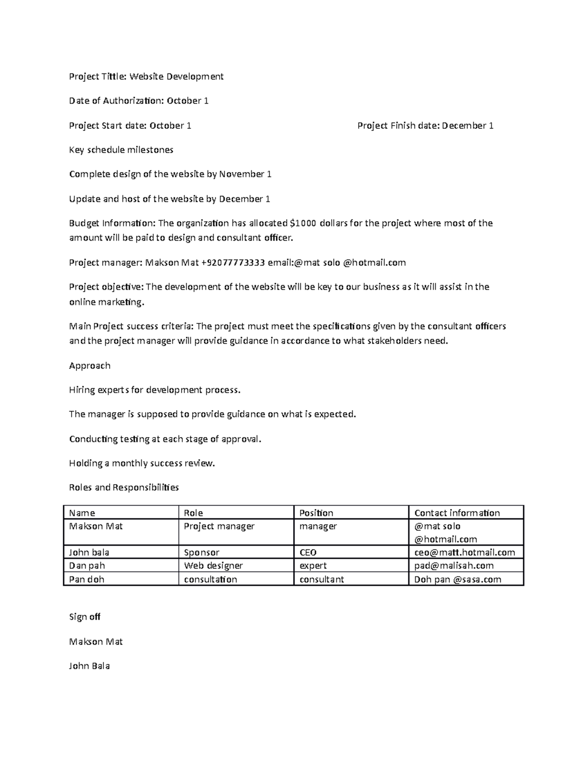 Project chart - Project Tittle: Website Development Date of ...