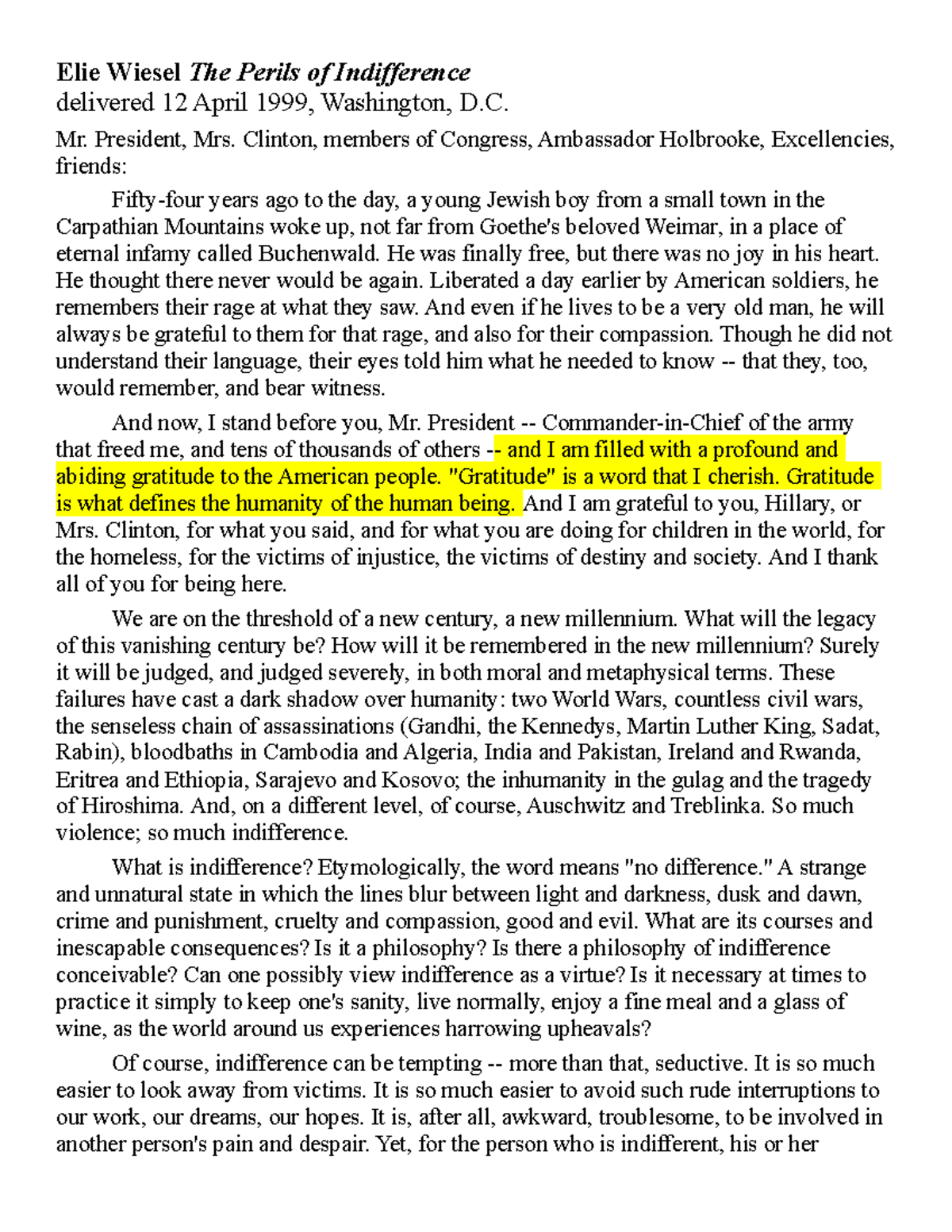 Copy of Elie Wiesel The Perils of Indifference - Elie Wiesel The Perils ...