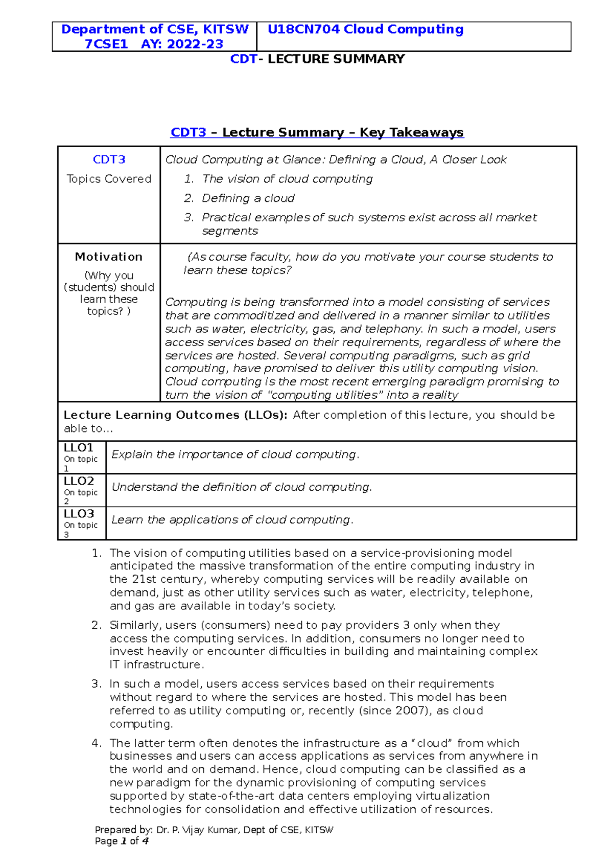 CC U1 CDT3 7CSE1 PVK 2022-23 - 7CSE1 AY: 2022- CDT- LECTURE SUMMARY CDT3 – Lecture Summary – Key ...