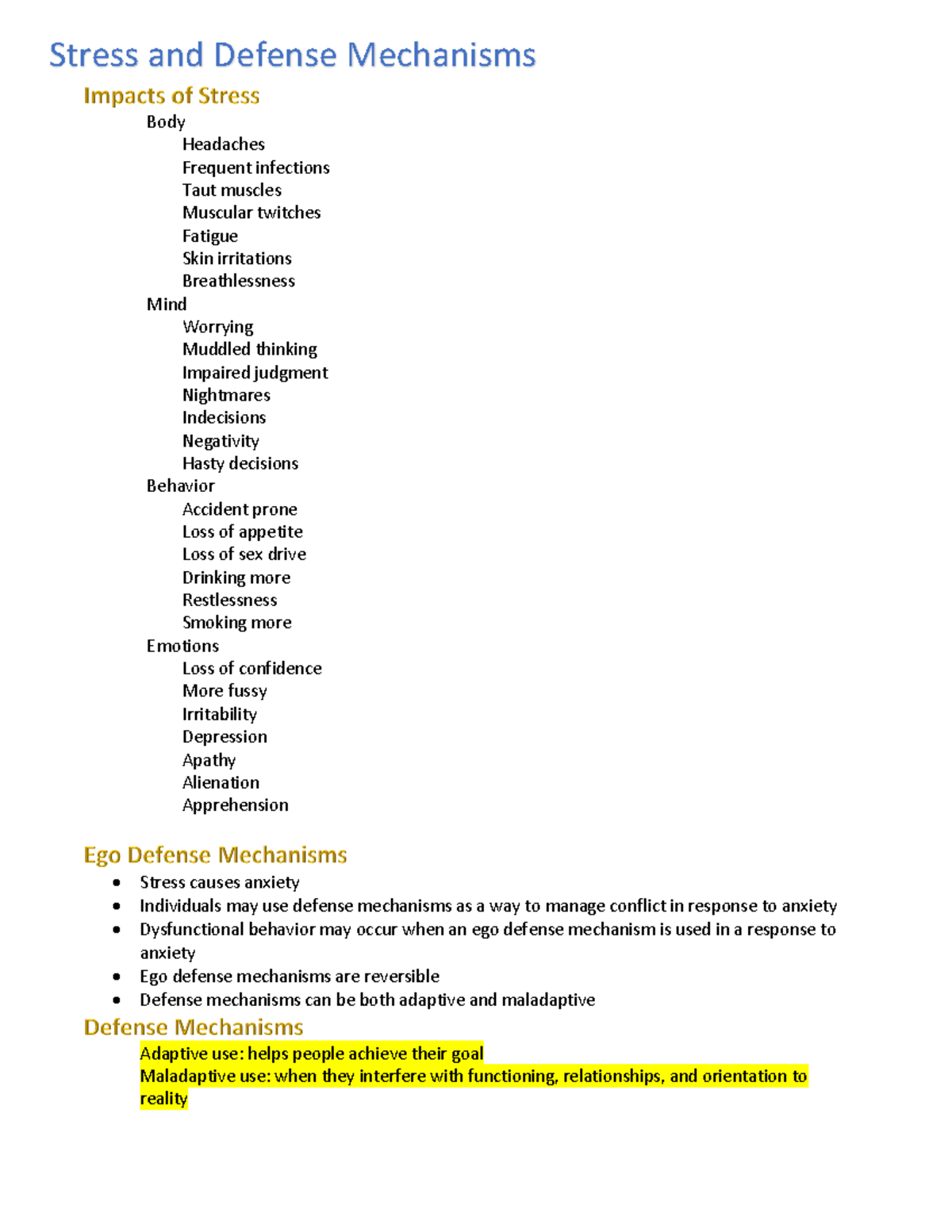 Stress and Defense Mechanisms - Stress and Defense Mechanisms Body ...