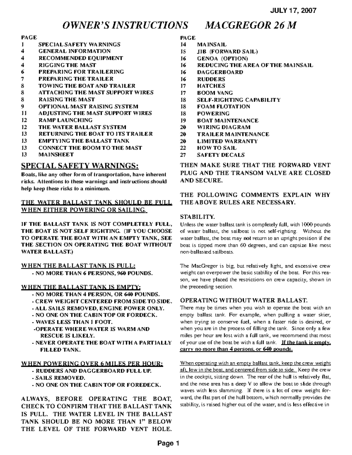 Macgregor Owners Instructions - OWNER’S INSTRUCTIONS MACGREGOR 26 M PAGE 1 SPECIAL SAFETY ...