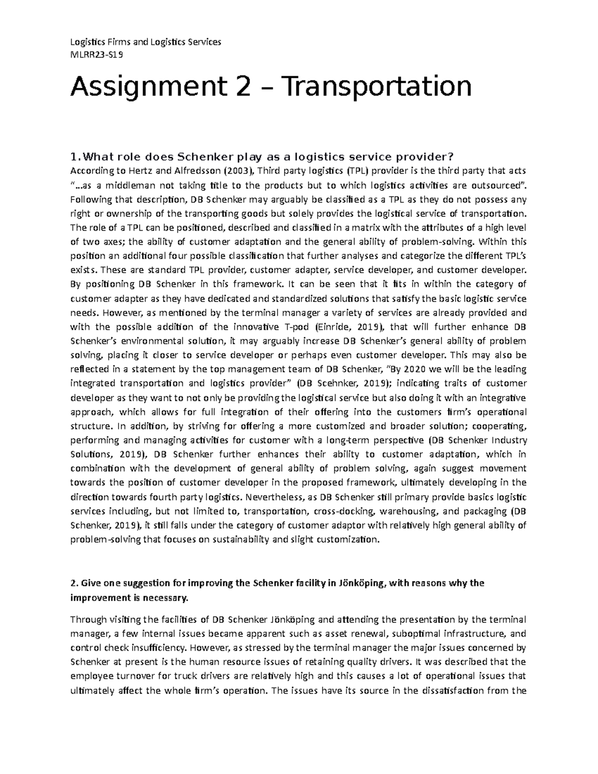 Assignment 2 Transportation - Logistics Firms and Logistics Services ...