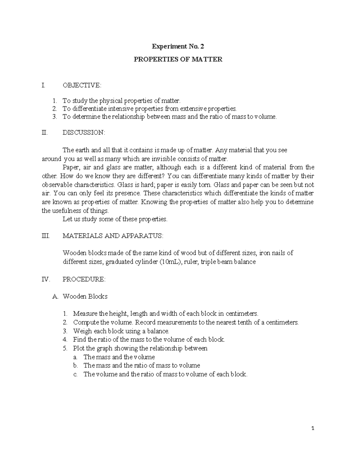 Experiment No 2 Properties of Matter - Experiment No. 2 PROPERTIES OF ...