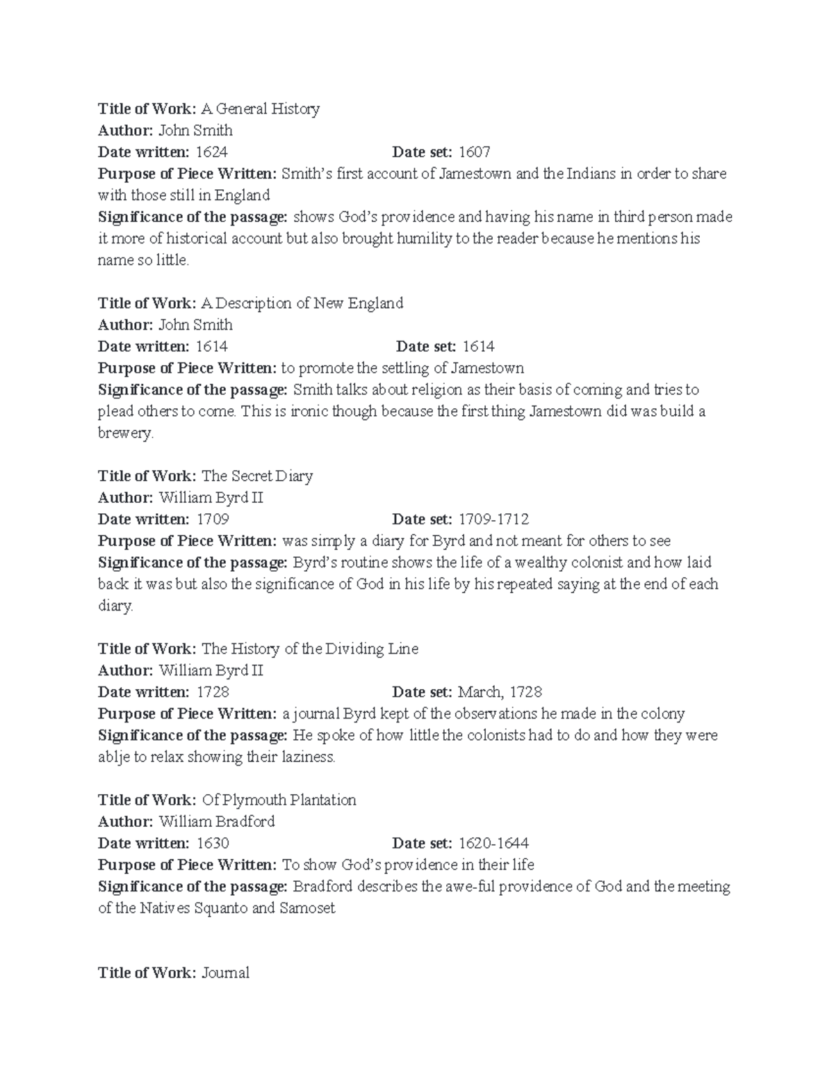 AUTHORS TITLE OF WORK - Title of Work: A General History Author: John ...