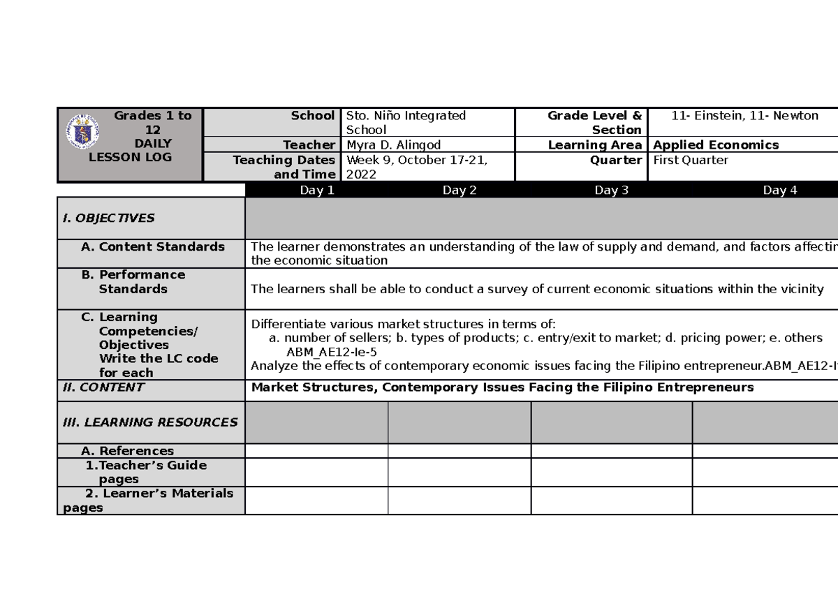 Week 9 - lesson - Grades 1 to 12 DAILY LESSON LOG School Sto. Niño ...