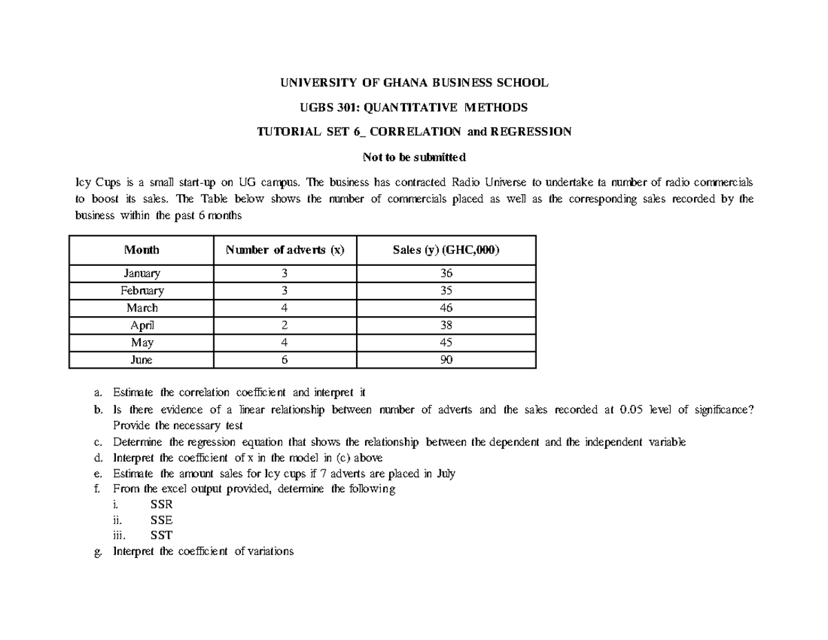 Correlation and Regression - UNIVERSITY OF GHANA BUSINESS SCHOOL UGBS 301: QUANTITATIVE METHODS ...