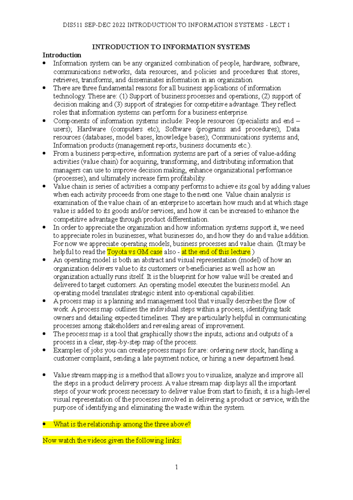 DIS511 SEP-DEC 2022 Introduction TO Information Systems - LECT 1 - INTRODUCTION TO INFORMATION ...