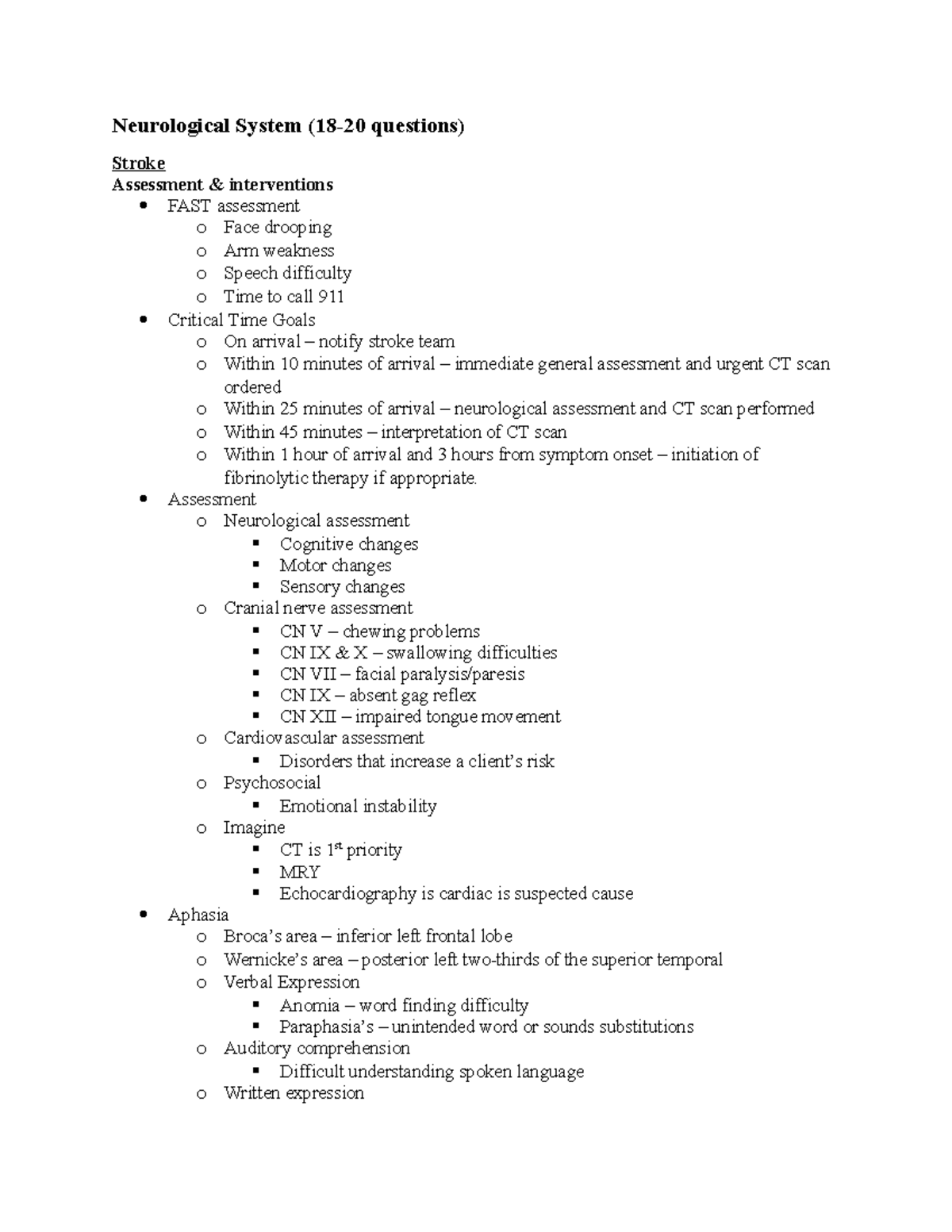 Exam 4 Study Notes - Mrs. Rice-neuro/HIV/immune - Neurological System ...