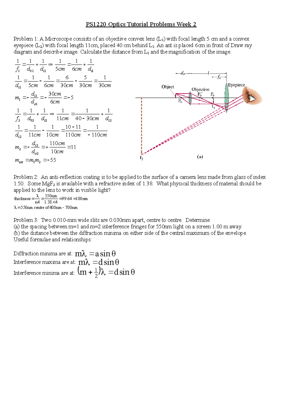 Tutorial Questions Phys 1220 Optics Tutorial 2 solutions - PS1220 Optics Tutorial Problems Week ...