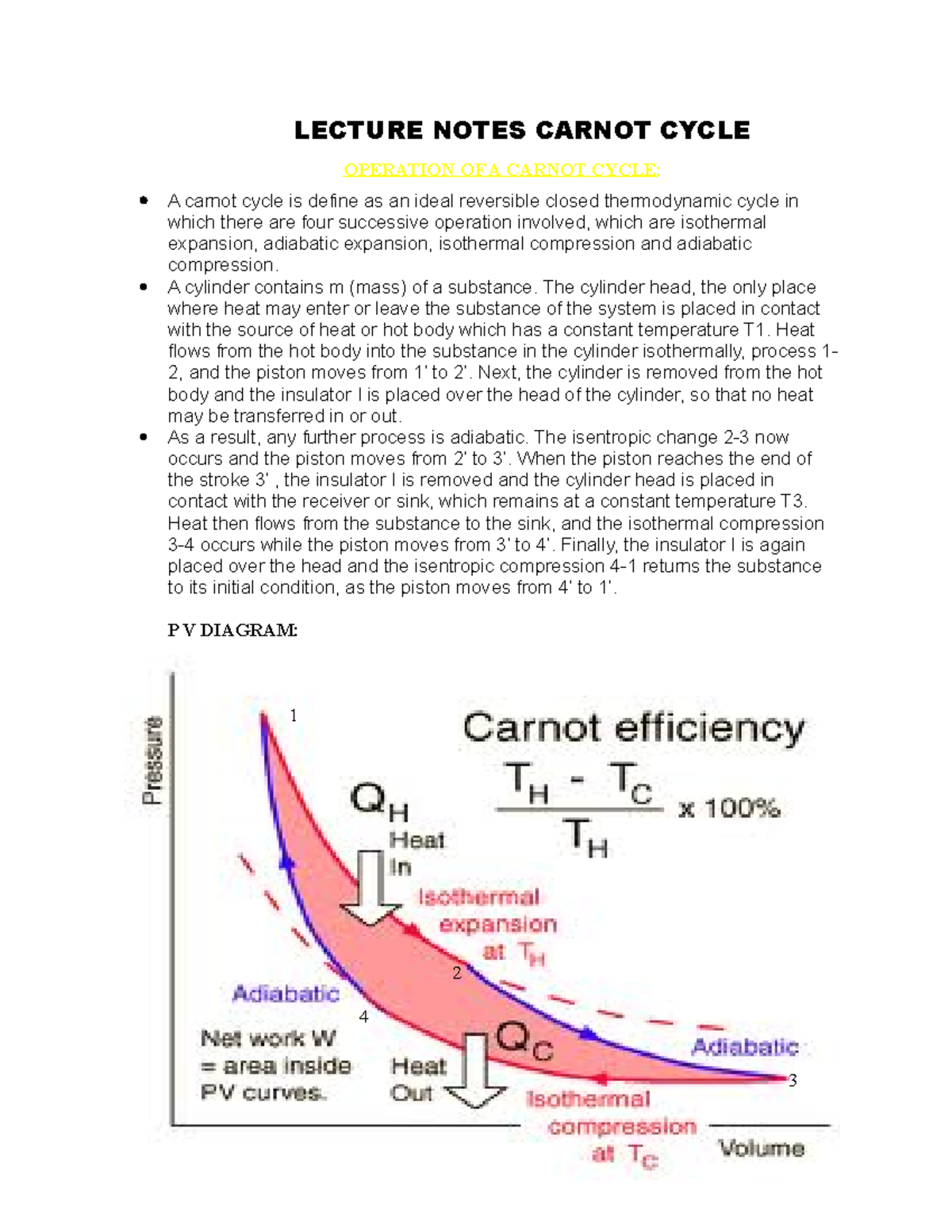 Lesson #4 Carnot Cycle - LECTURE NOTES CARNOT CYCLE A carnot cycle is ...