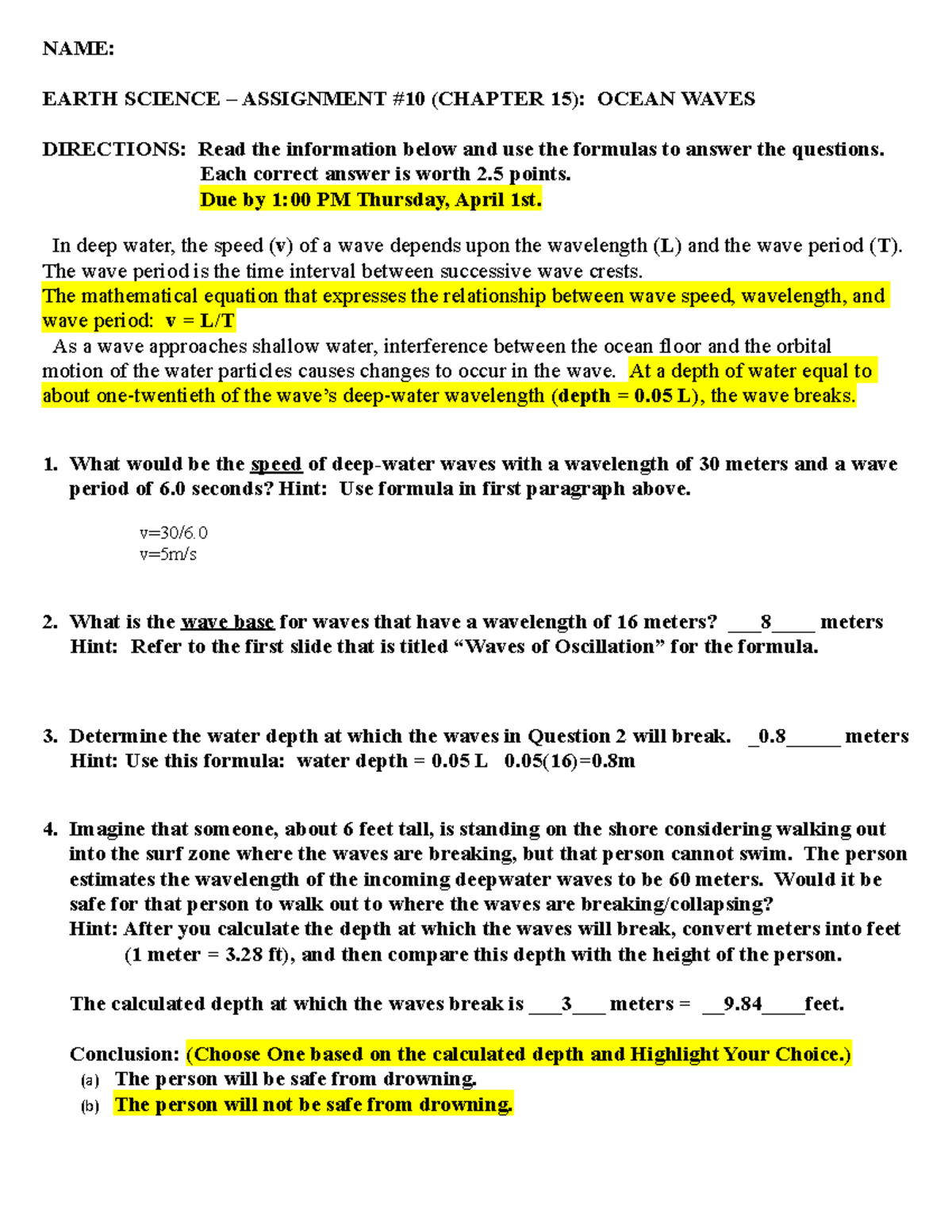 Chapter 15 Pt.2 Assignment (Ocean Waves) - NAME: EARTH SCIENCE ...