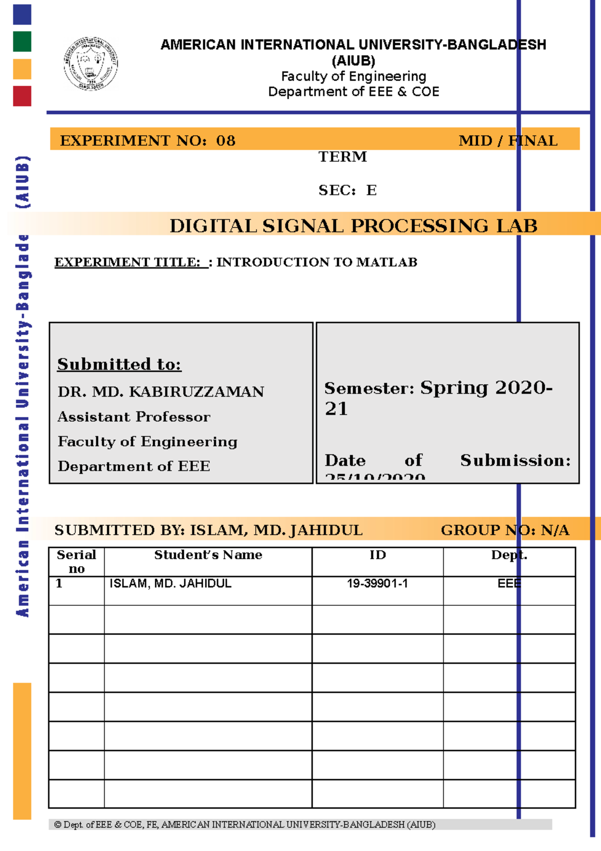 DSP LAB 01(Digital - AMERICAN INTERNATIONAL UNIVERSITY-BANGLADESH (AIUB) Faculty of Engineering ...