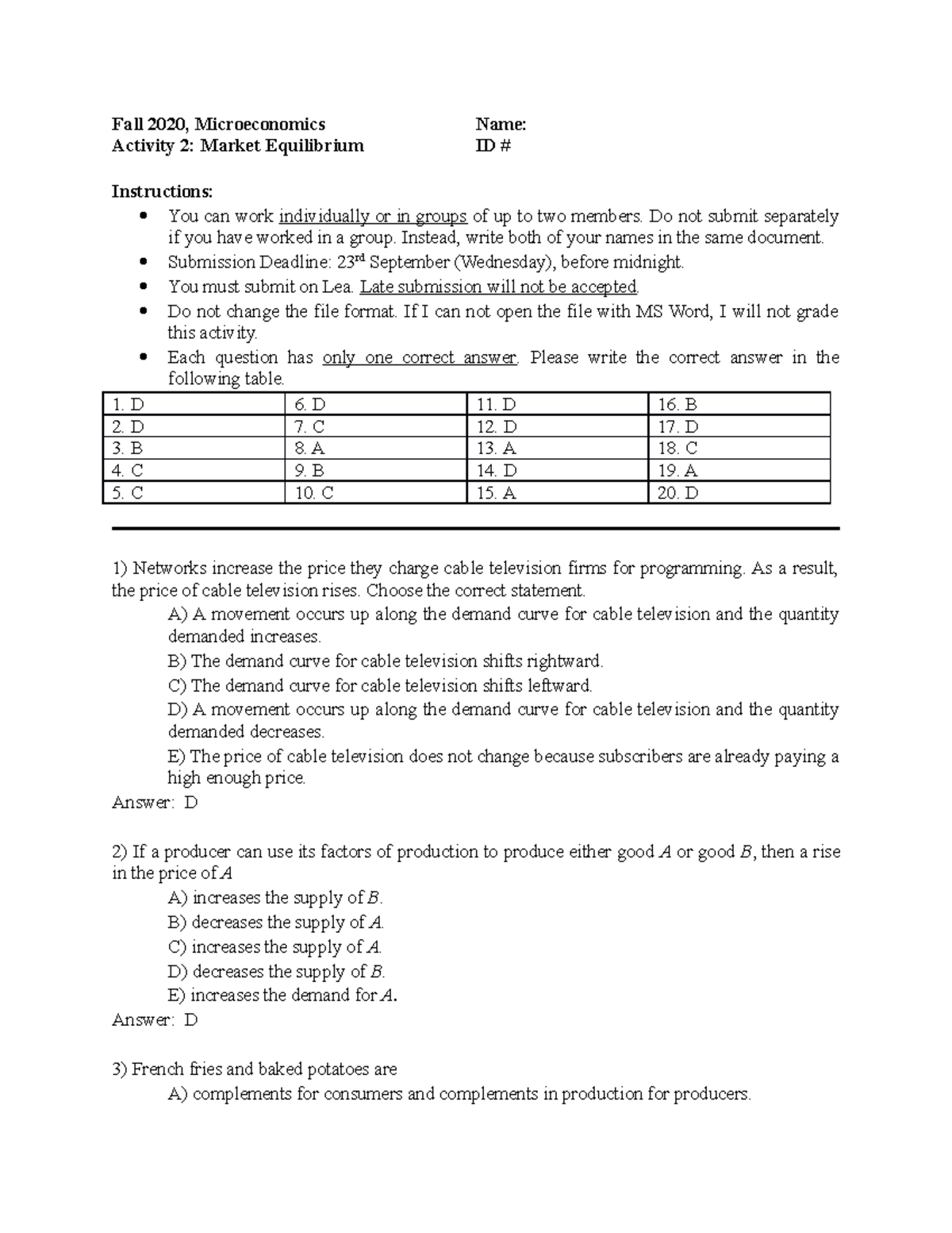 2 solution - Test 2 - Fall 2020, Microeconomics Name: Activity 2 ...
