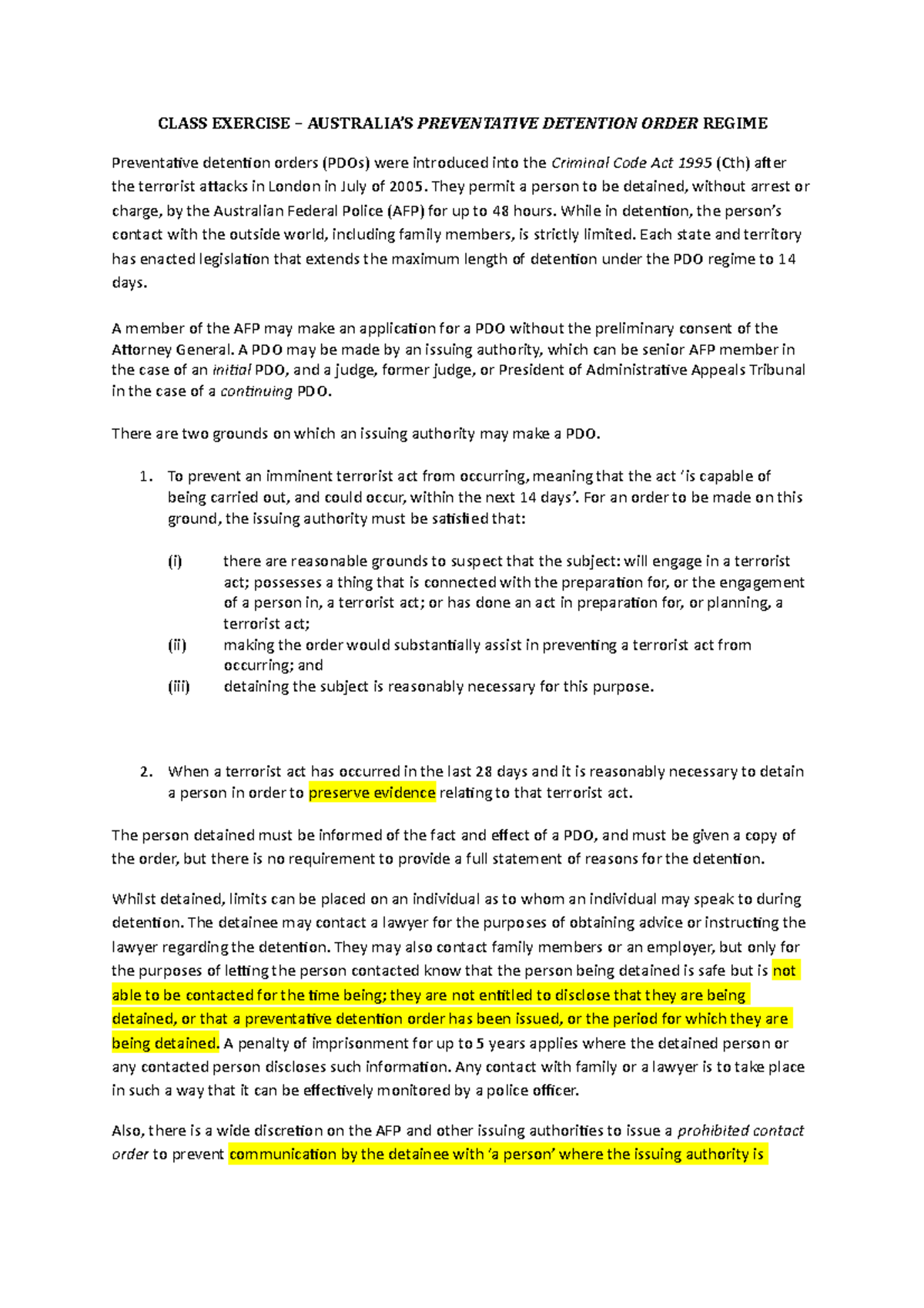 Class Exercise Preventative Detention Orders - CLASS EXERCISE ...