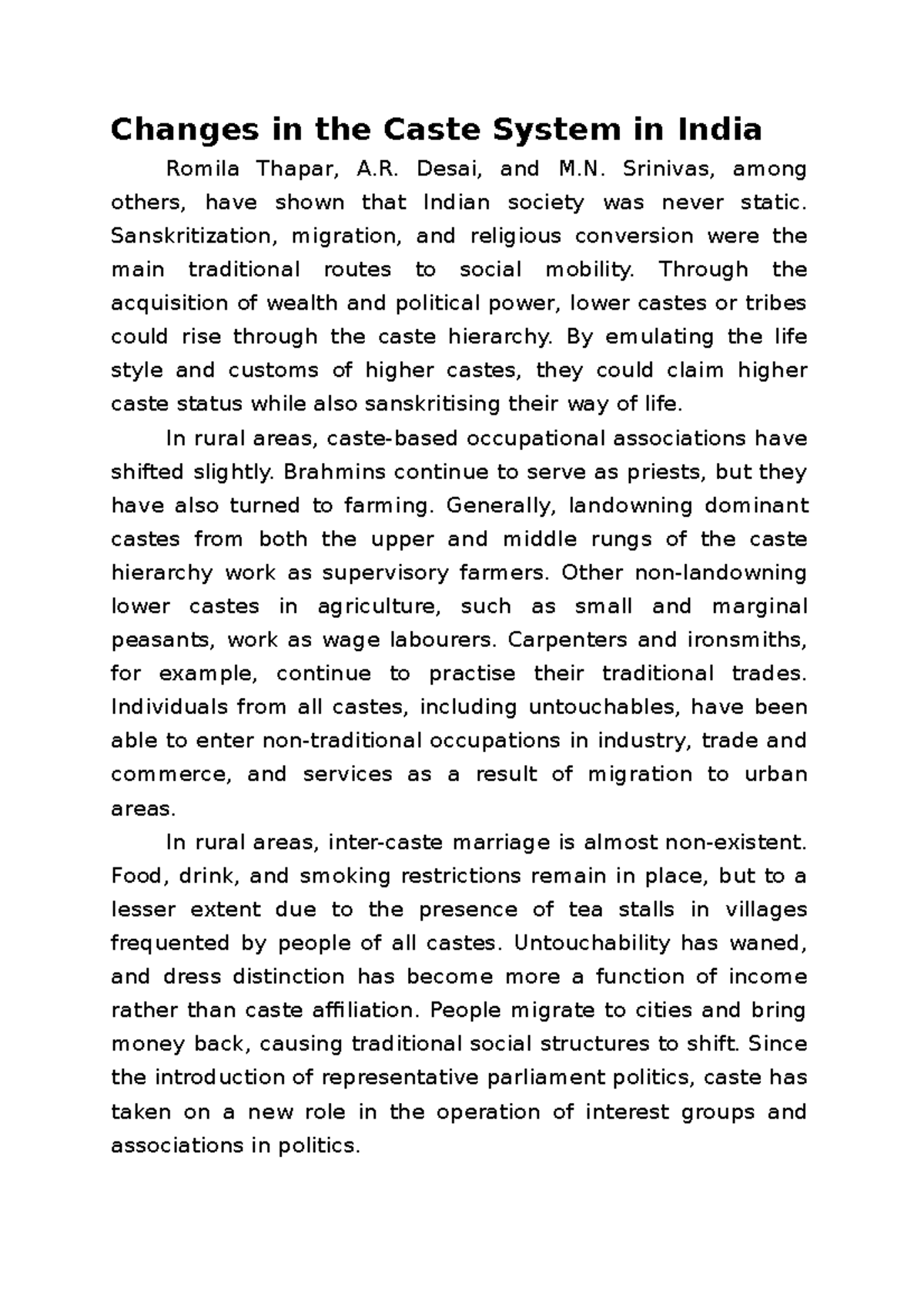 Changes in the Caste System in India - Desai, and M. Srinivas, among ...