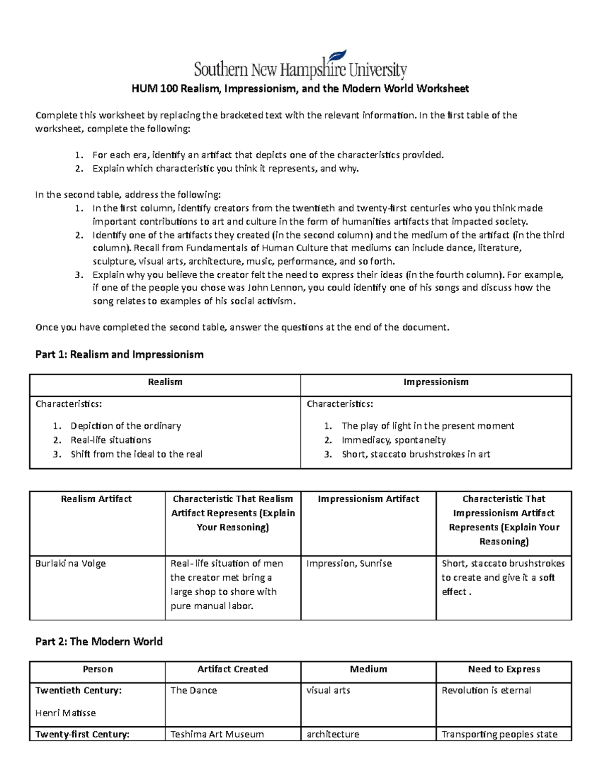 HUM 100 Realism Impressionism and the Modern World Worksheet - HUM 100 ...