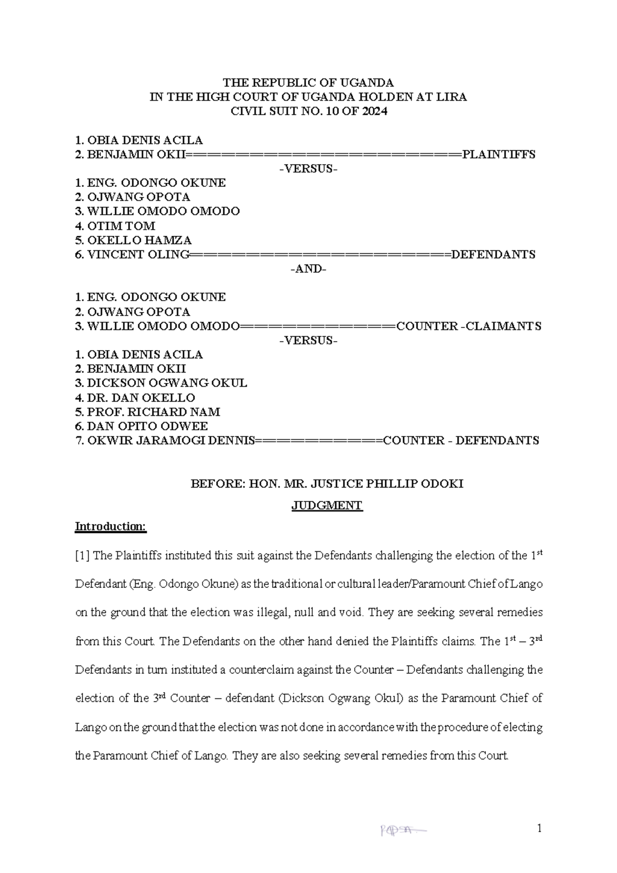 Judgment - OBIA Denis Acila AND Another Versus ENG. Odongo Okune AND ...