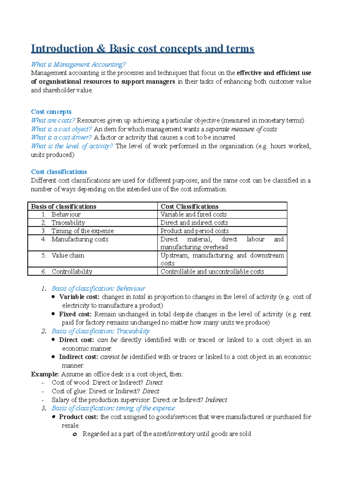 ACCG200 - Weeks 1 to 12 - Introduction Basic cost concepts and terms ...