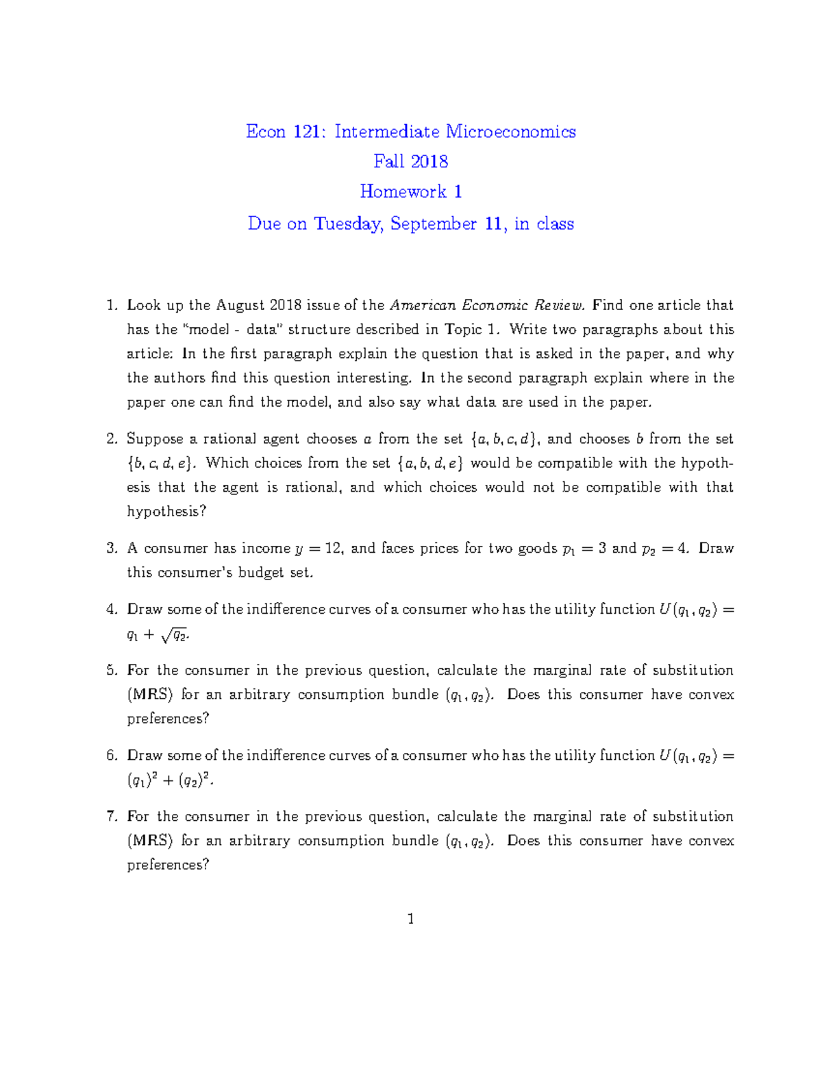 Homework Problems 1 - materials from ECON 121 at Yale with T. Borgers ...