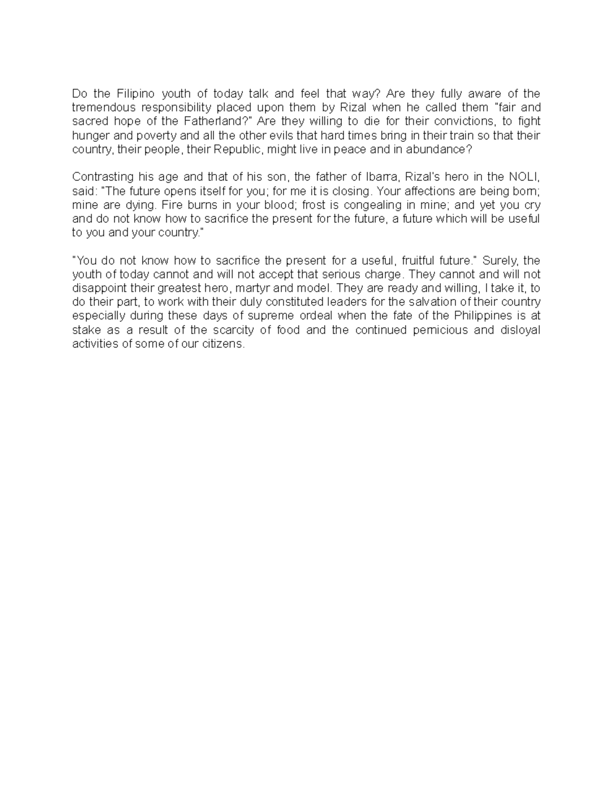 This is a speech for the youth by JPL - Do the Filipino youth of today ...