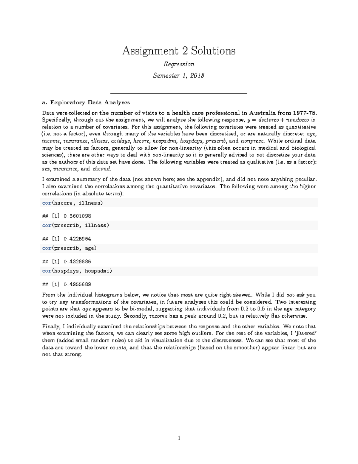 Assignment 2 Solutions Assignment 2 Solutions Regression Semester 1 2018 A Exploratory Data