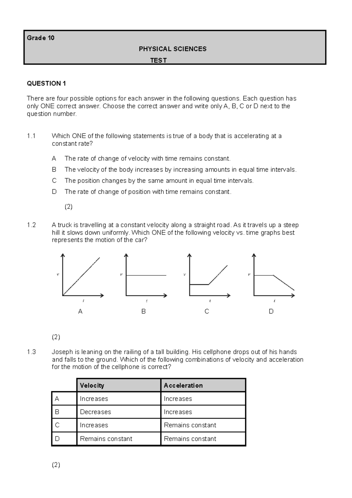 Physical Sciences questions - Grade 10 PHYSICAL SCIENCES TEST QUESTION ...