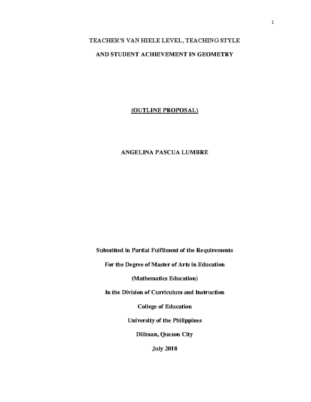 Sample Manuscript Chapter 1 3 - TEACHER’S VAN HIELE LEVEL, TEACHING ...