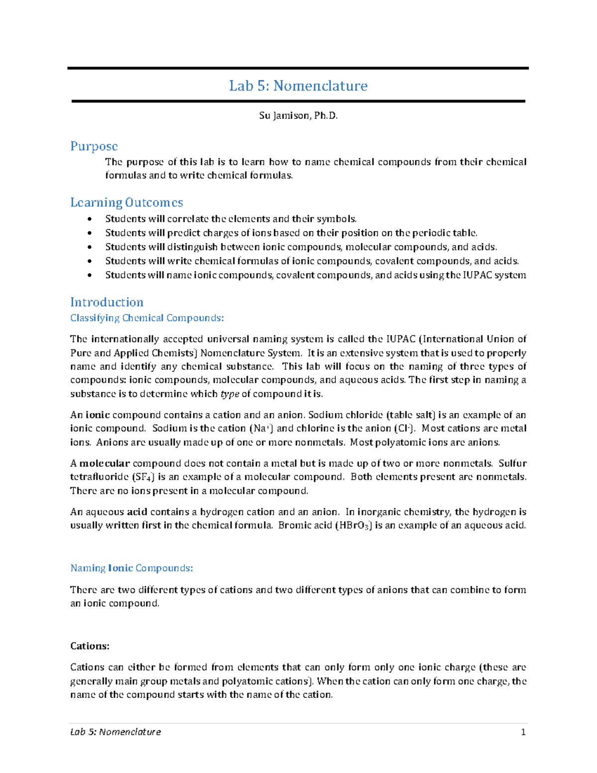Expt. 5 Nomenclature CHM1025C - Lab 5 : Nomenclature Su Jamison, Ph ...