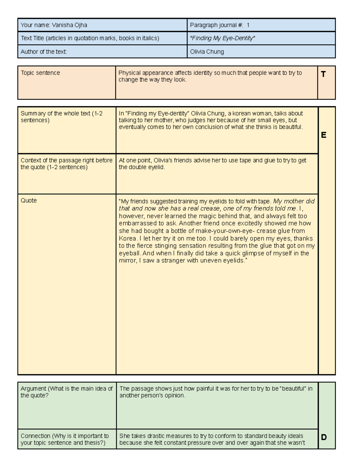 Paragraph Journal #1 - Your name: Vanisha Ojha Paragraph journal #: 1 ...