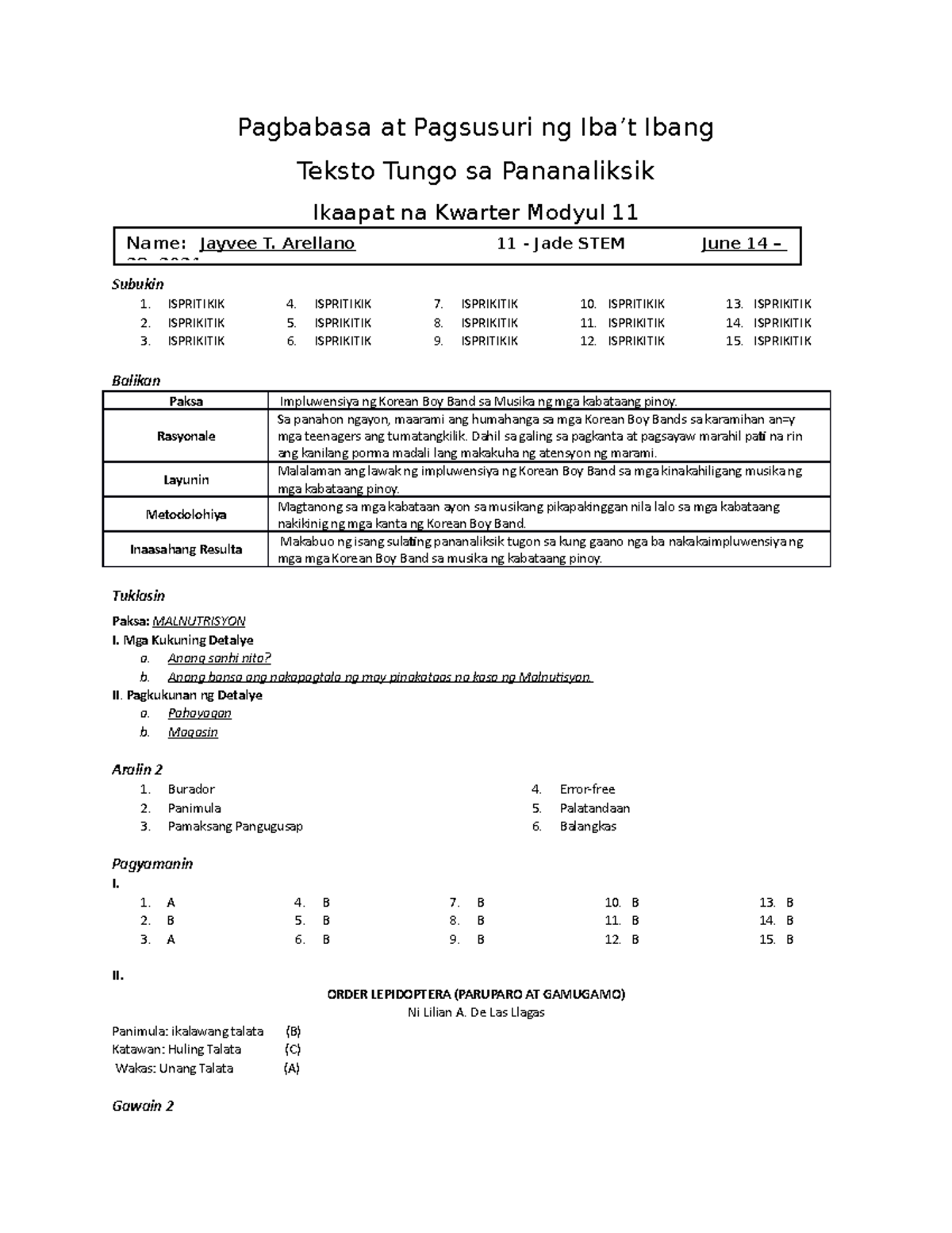 Pagbabasa at Pagsusuri ng Iba’t Ibang Teksto Tungo sa Pananaliksik Module 11 - Pagbabasa at ...