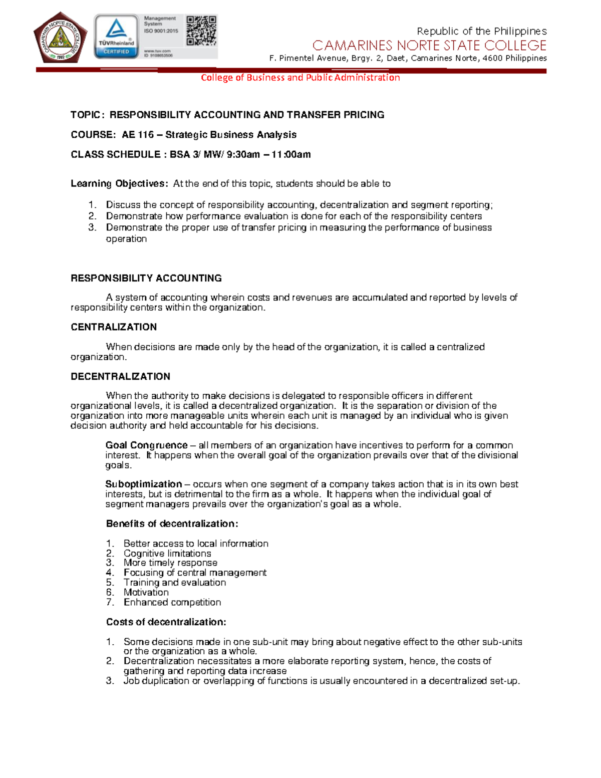 Responsibility Accounting and Transfer Pricing - CAMARINES NORTE STATE COLLEGE F. Pimentel ...