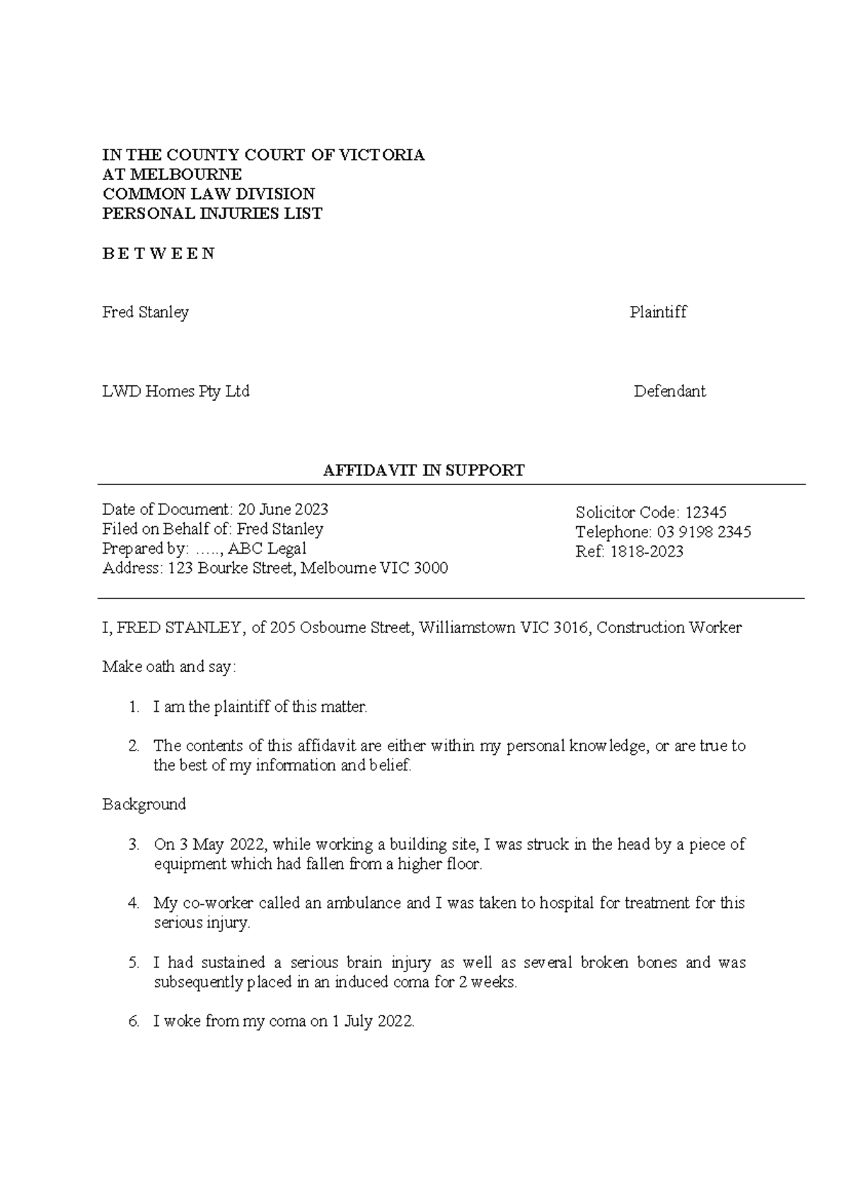 LLW1003 Affidavit - IN THE COUNTY COURT OF VICTORIA AT MELBOURNE COMMON ...