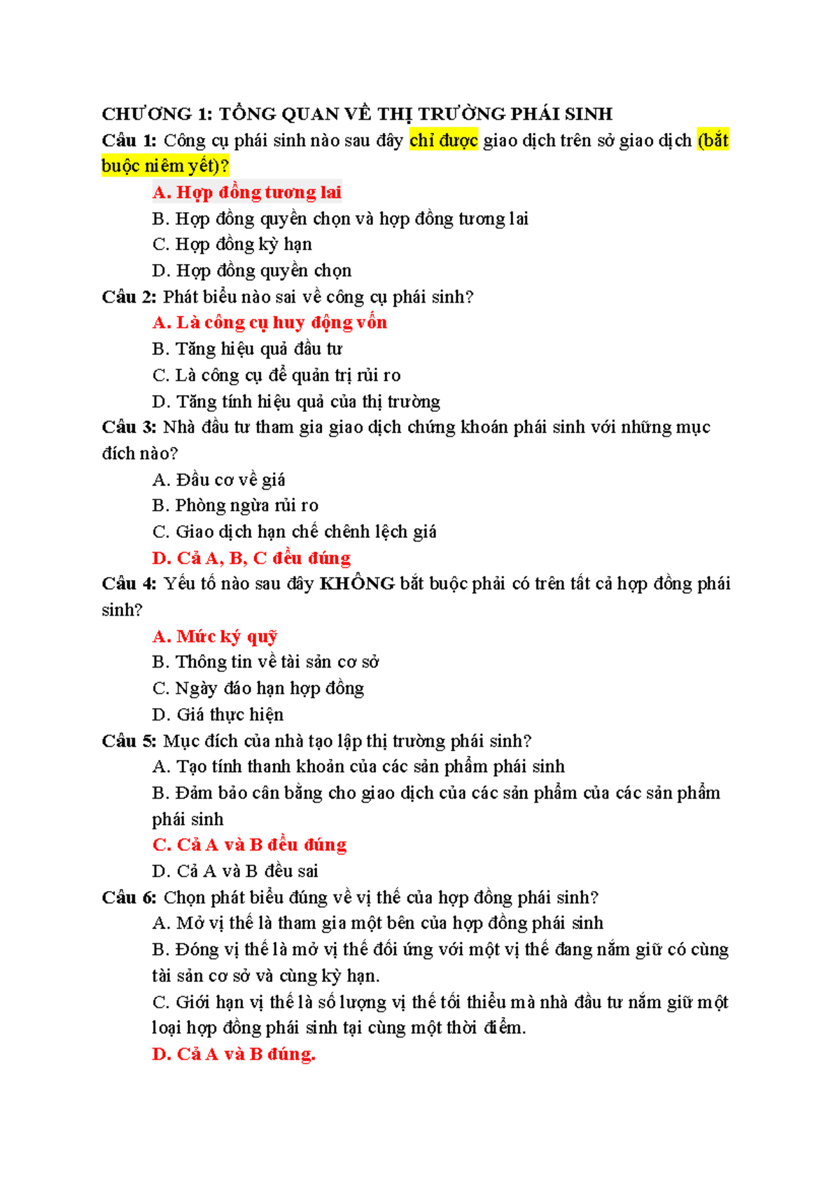 Tntcps - trac nhiem - CHƯƠNG 1: TỔNG QUAN VỀ THỊ TRƯỜNG PHÁI SINH Câu 1 ...