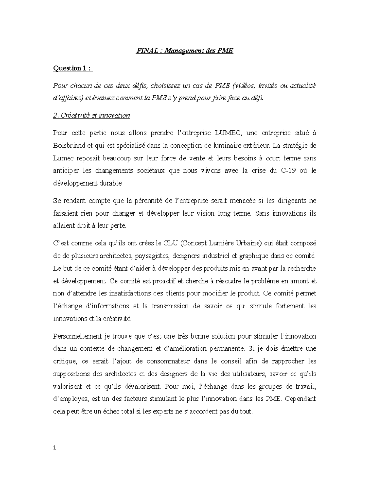 Examen Winter 2020, questions et réponses - FINAL : Management des PME ...