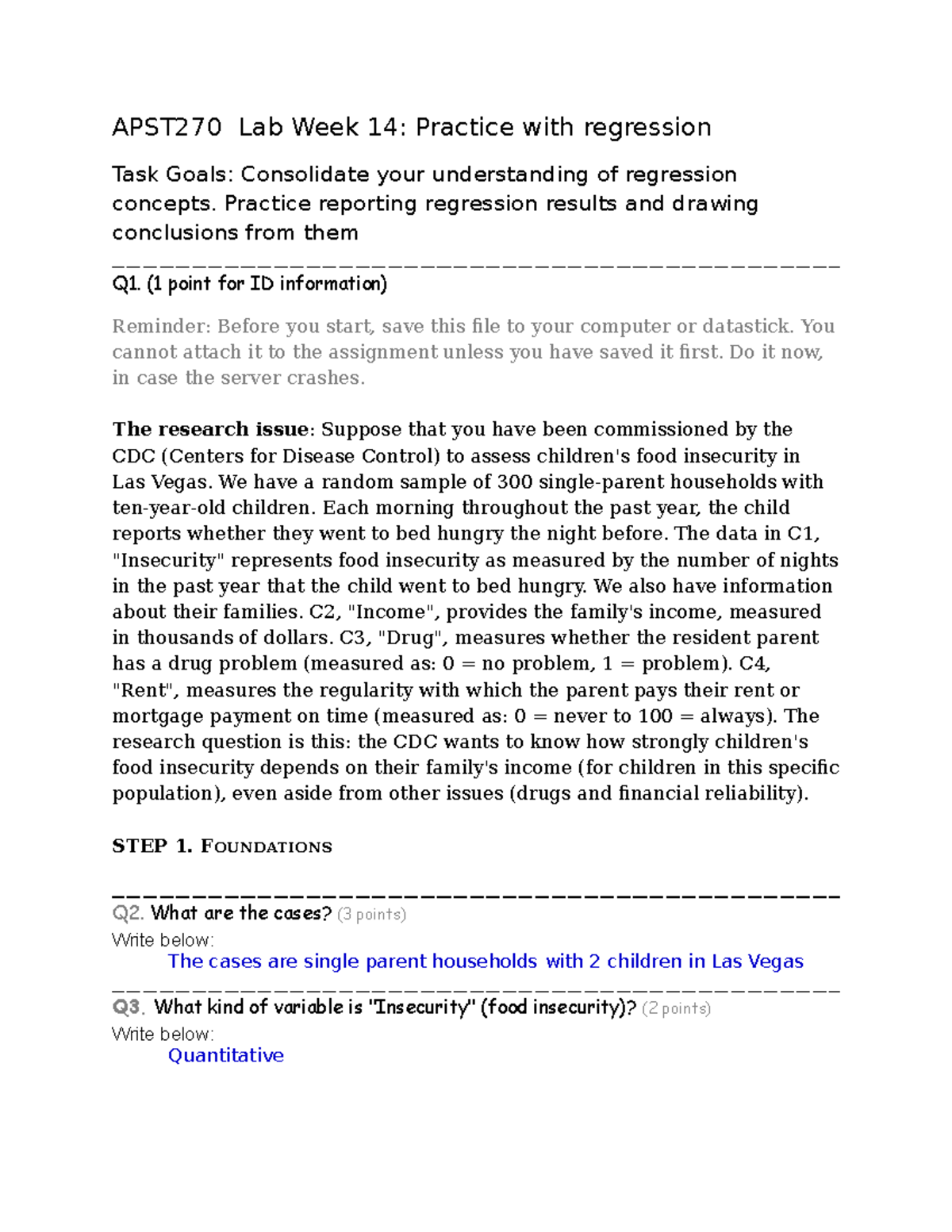 Week 14 Lab Report - APST270 Lab Week 14: Practice with regression Task ...