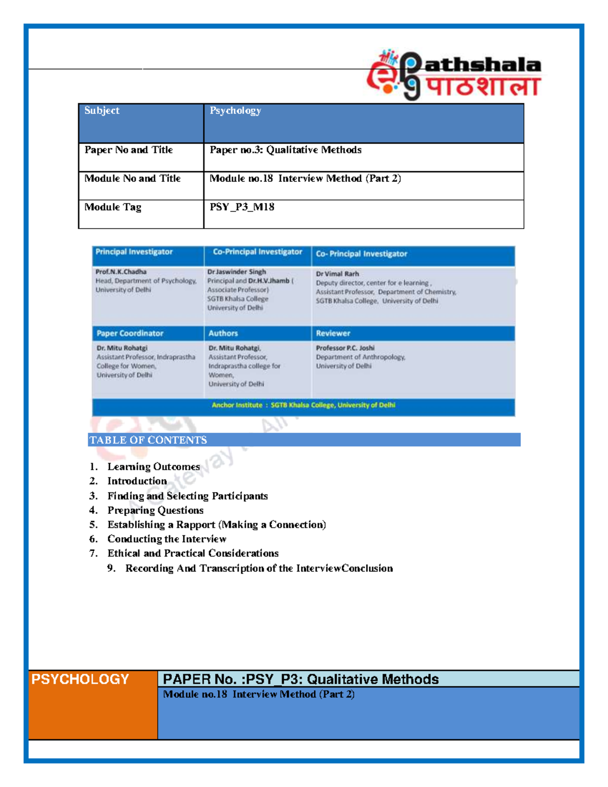 Interview Method (Part 2) - PSYCHOLOGY PAPER No. :PSY_P3: Qualitative ...
