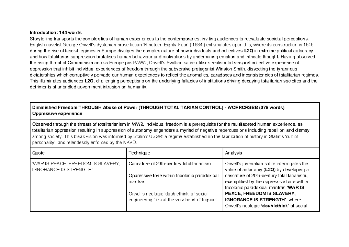 Common mod 1984 sample essay w technique table - Introduction: 144 ...