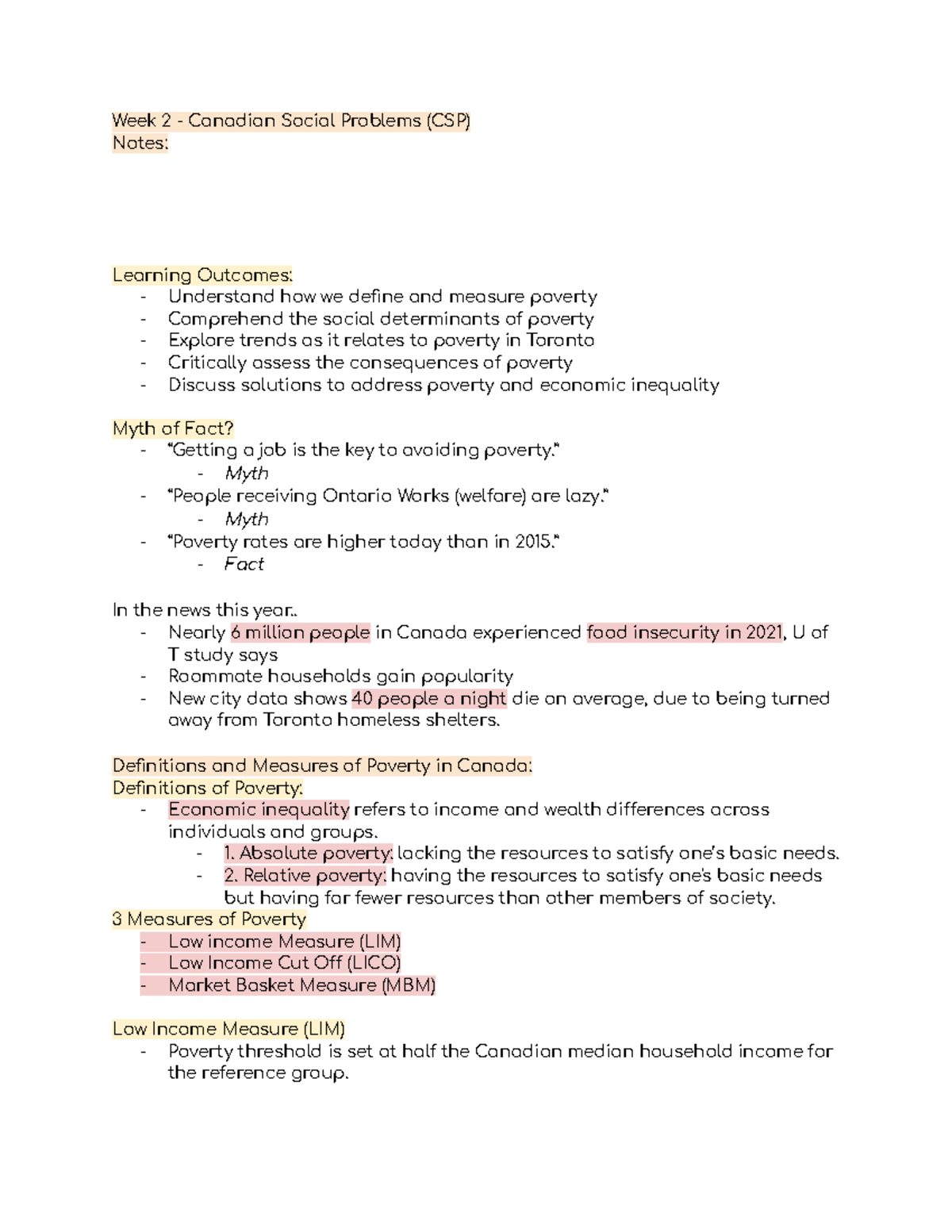 Week 2 - csp - notes - Week 2 - Canadian Social Problems (CSP) Notes ...