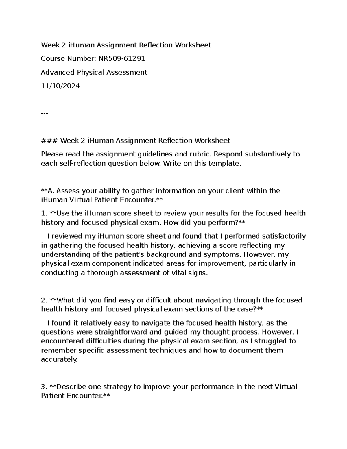 Week 2 i Human Assignment Reflection Worksheet - Respond substantively ...