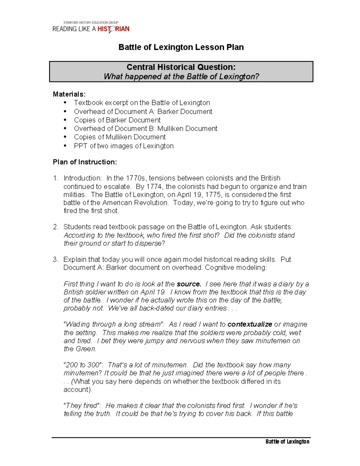 Battle of Lexington Lesson Plan - Battle of Lexington Lesson Plan ...