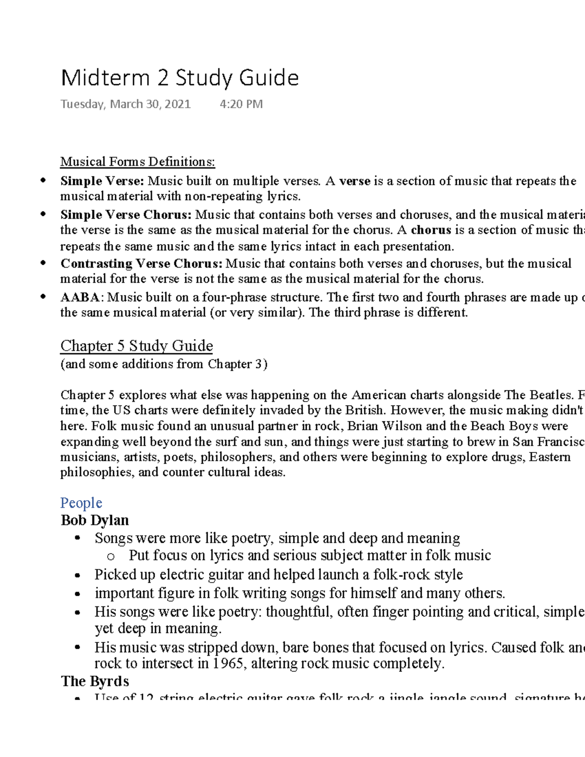 Midterm 2 Study Guide - Dr. Amy Stewart Rock to Bach - Musical Forms ...