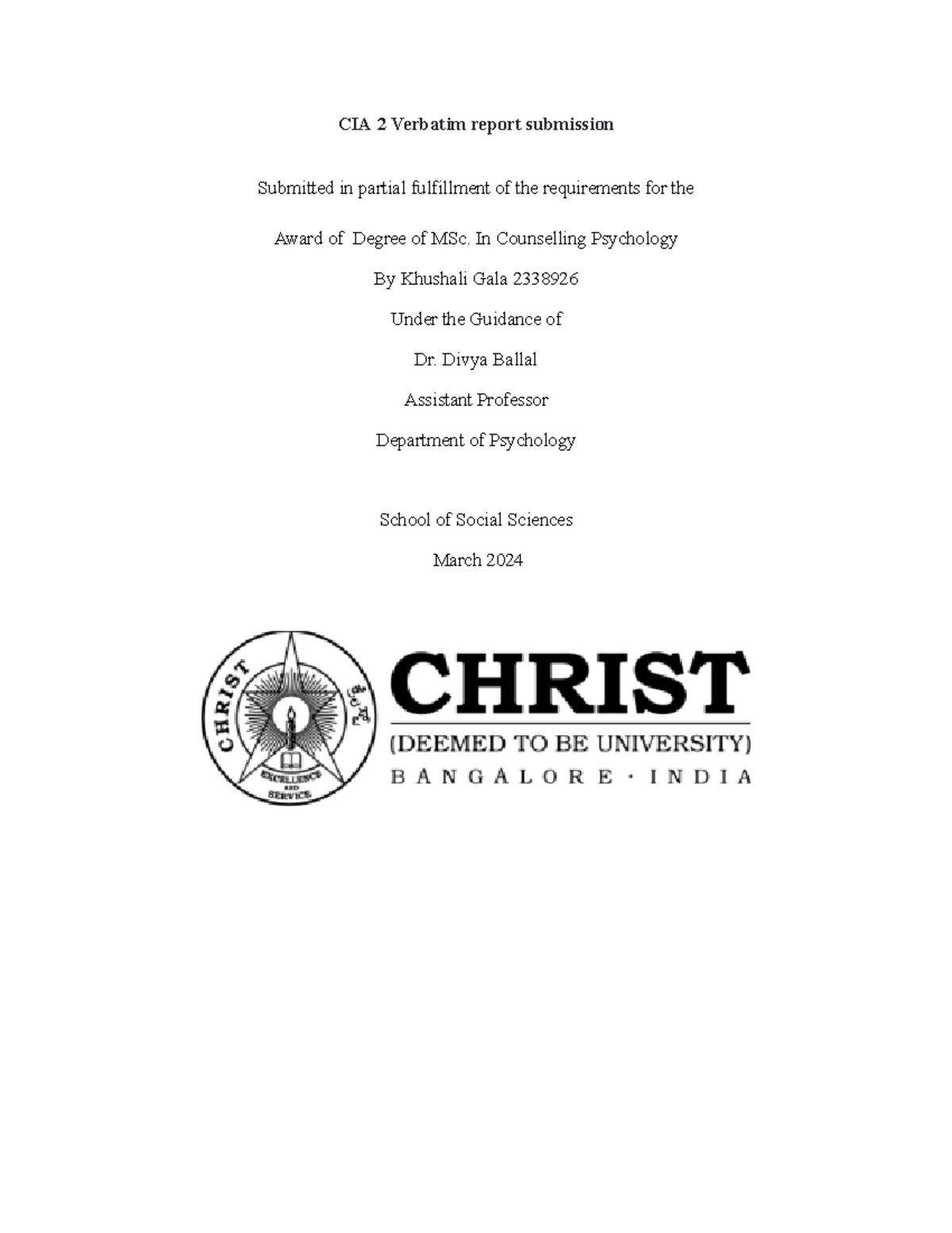 Cia 2 verbatim submission - CIA 2 Verbatim report submission Submitted ...