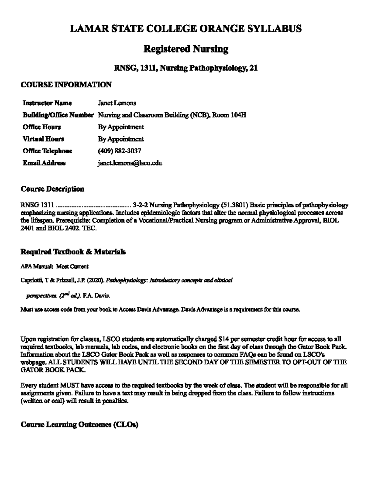 RNSG 1311 - LAMAR STATE COLLEGE ORANGE SYLLABUS Registered Nursing RNSG, 1311, Nursing - Studocu